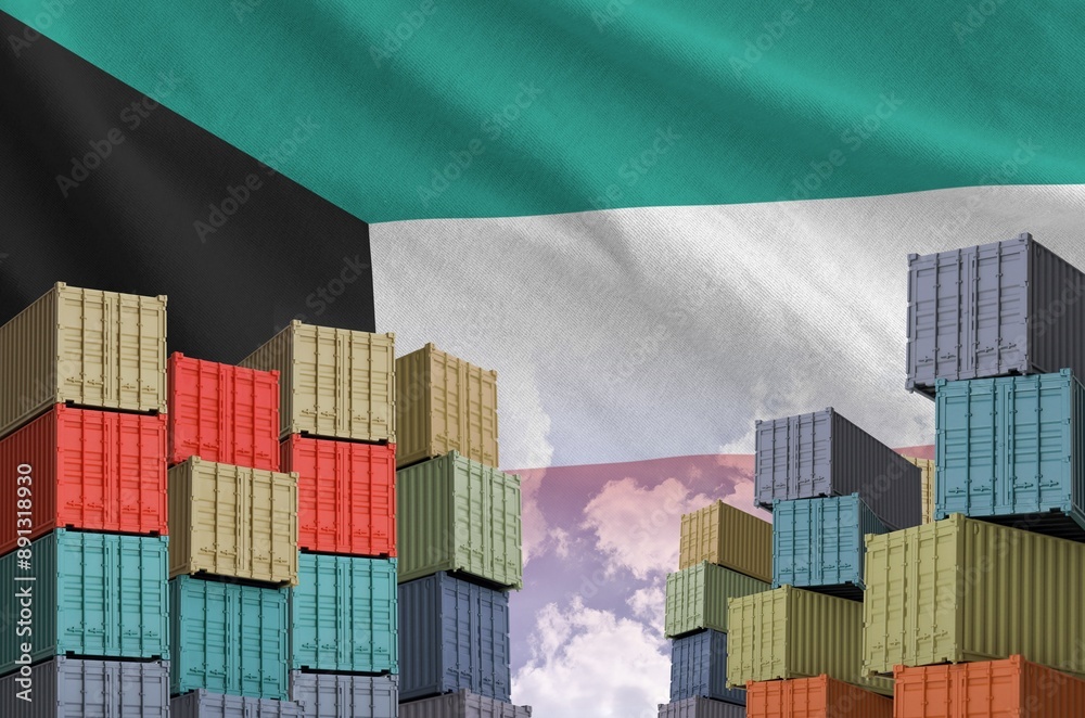 Kuwait flag and big stack of shipping cargo containers in docks with ...
