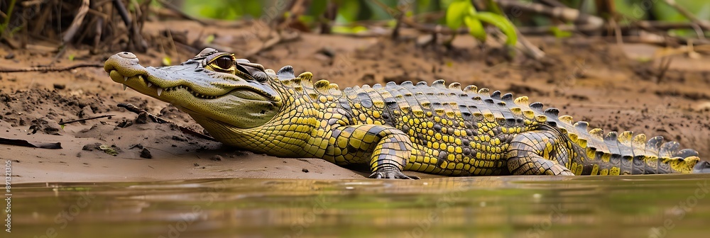 Spectacled Caiman Caiman crocodilus lying still on the banks of the ...