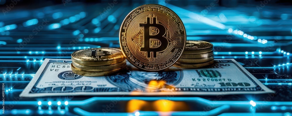 Bitcoin in a futuristic setting next to traditional dollar bill ...