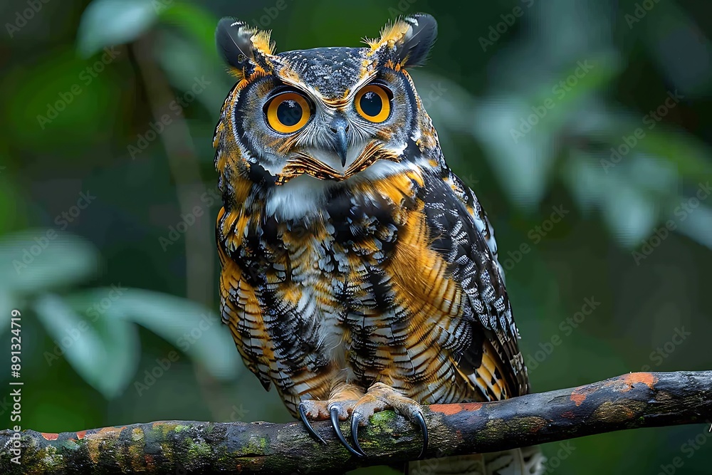 Spectacled Owl perched on a branch in the Amazon rainforest its ...