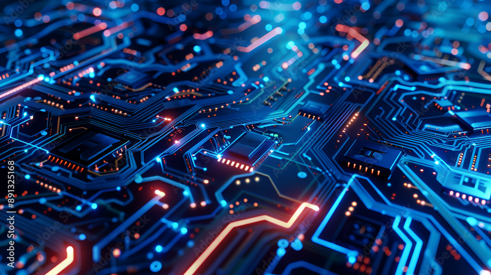 Electronic circuit Board under blue light as the technology background ...