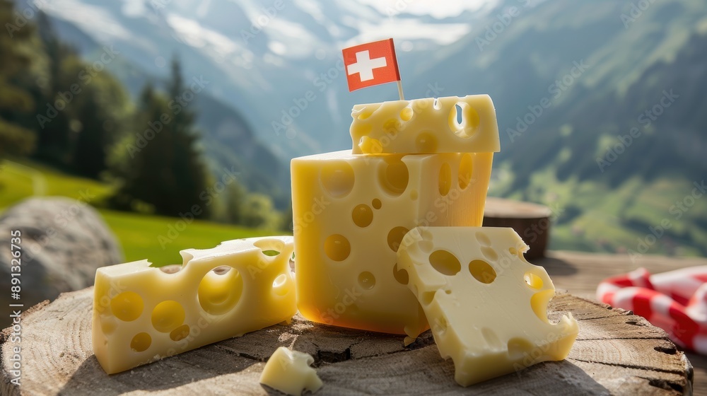 Swiss Cheese with Flag in Scenic Alpine Setting Blocks of Swiss cheese ...