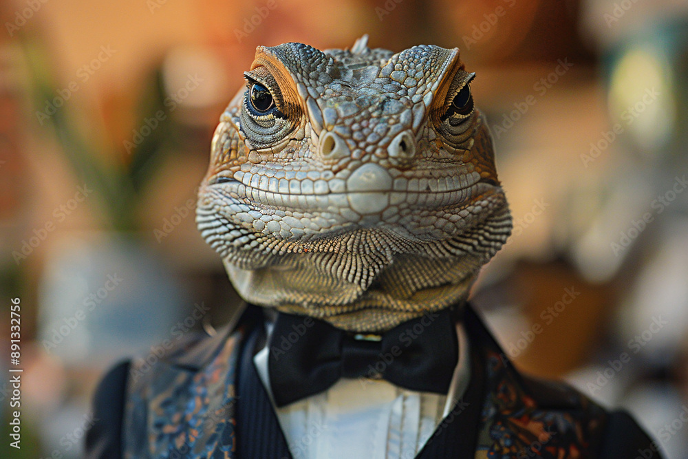 A lizard dressed in formal wear, wearing a suit and tie, adding a touch ...