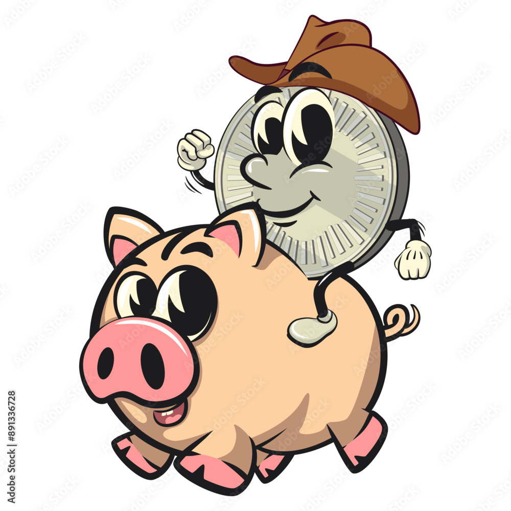 character of a coin money riding a piggy bank cartoon vector isolated ...