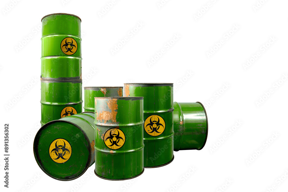 Barrel with toxic waste. Biohazard warning sign. Rusty dangerous barrel ...