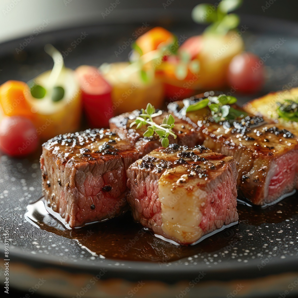 fine dining at it's best, a plate of A5 Wagyu beef with black truffle ...