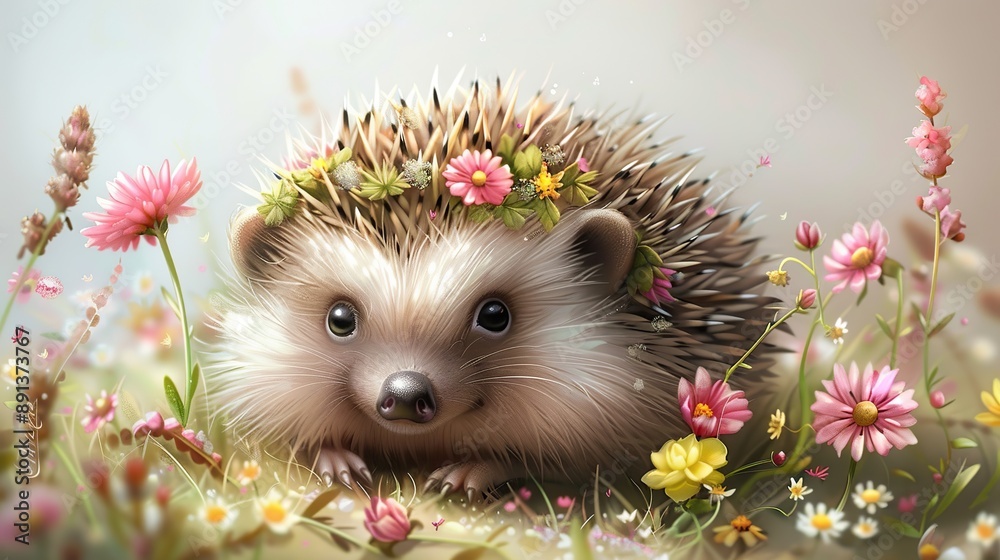 Realistic cartoon illustration,very cute little spring hedgehog, white ...