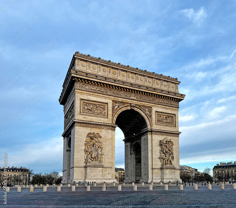 Morning view of the iconic landmark, Arc de Triomphe. The historic ...