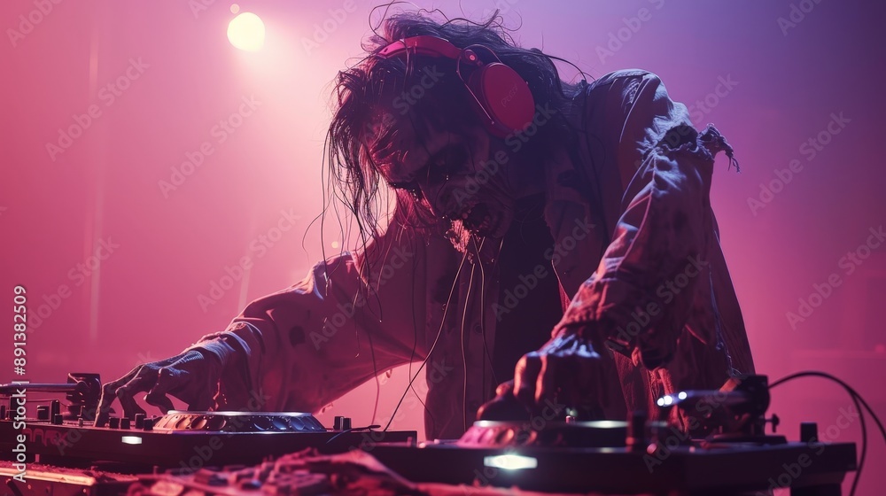 Ghostly zombie DJ with spectral headphones and haunted turntables ...