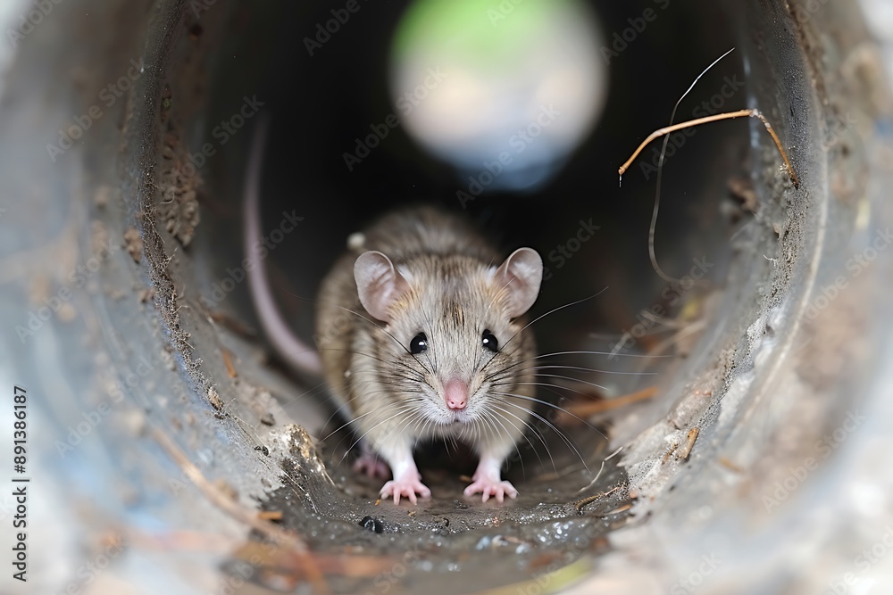 A lone little rat navigates the maze-like tunnels in a narrow drainage ...