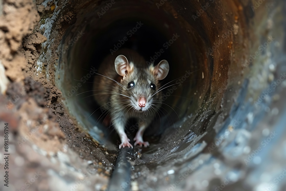 A lone little rat navigates the maze-like tunnels in a narrow drainage ...