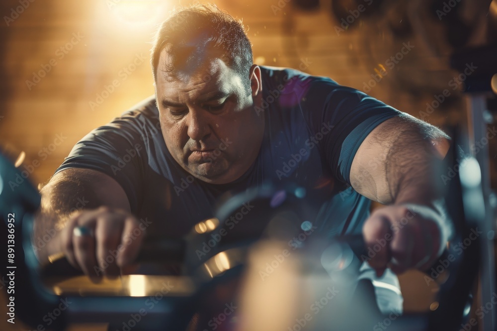 Overweight man exercising on stationary bike in home gym Stock Photo ...