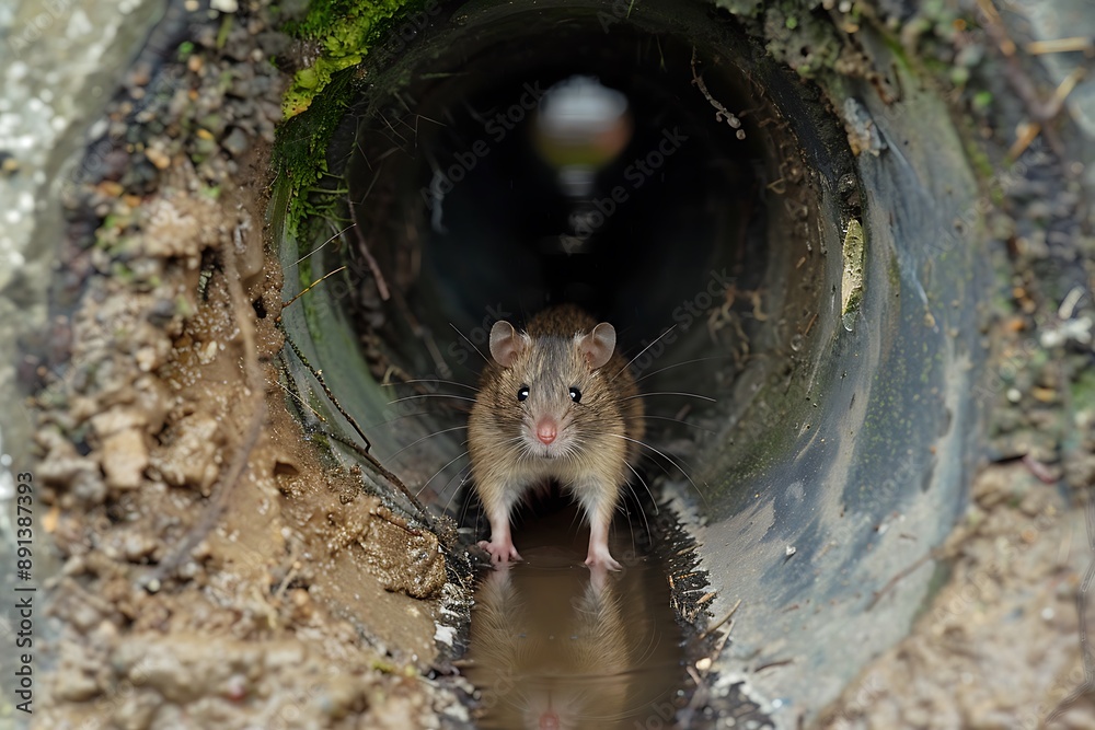 A lone little rat navigates the maze-like tunnels in a narrow drainage ...