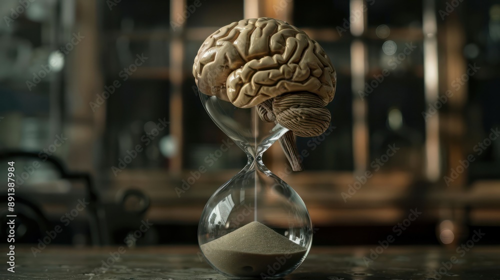 Human brain in hourglass, medical and psychology concept, brain aging ...