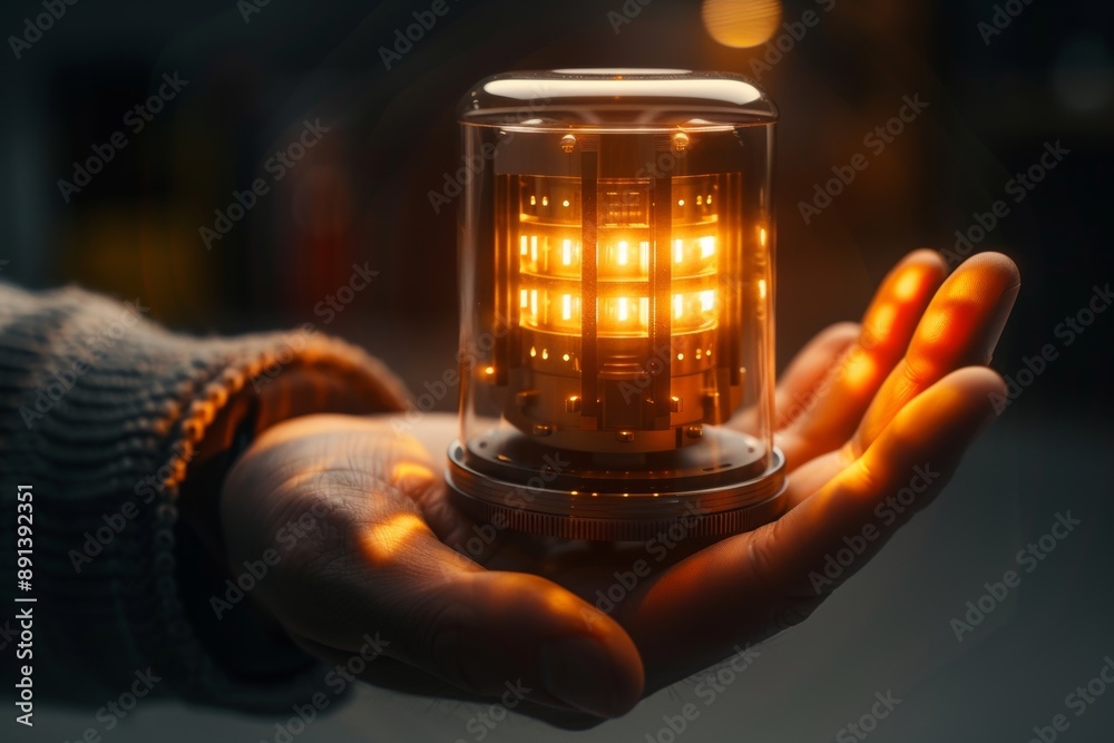 A peaceful atom in a mini nuclear reactor in the hands of a scientist ...