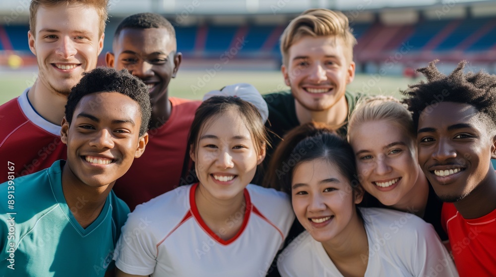 A multiethnic team of young athletes in sports uniforms, beaming with ...