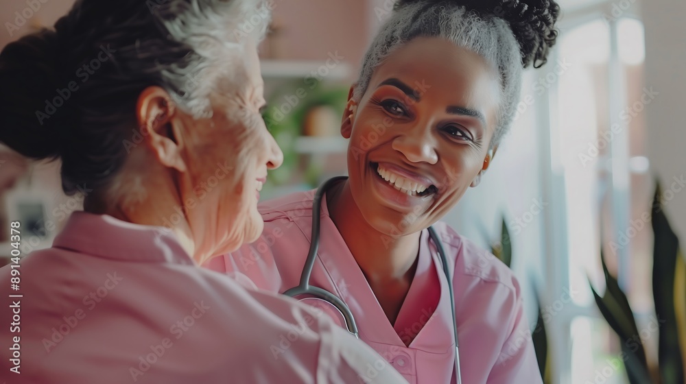 A smiling nurse is caring for a senior patient, showing compassion and ...