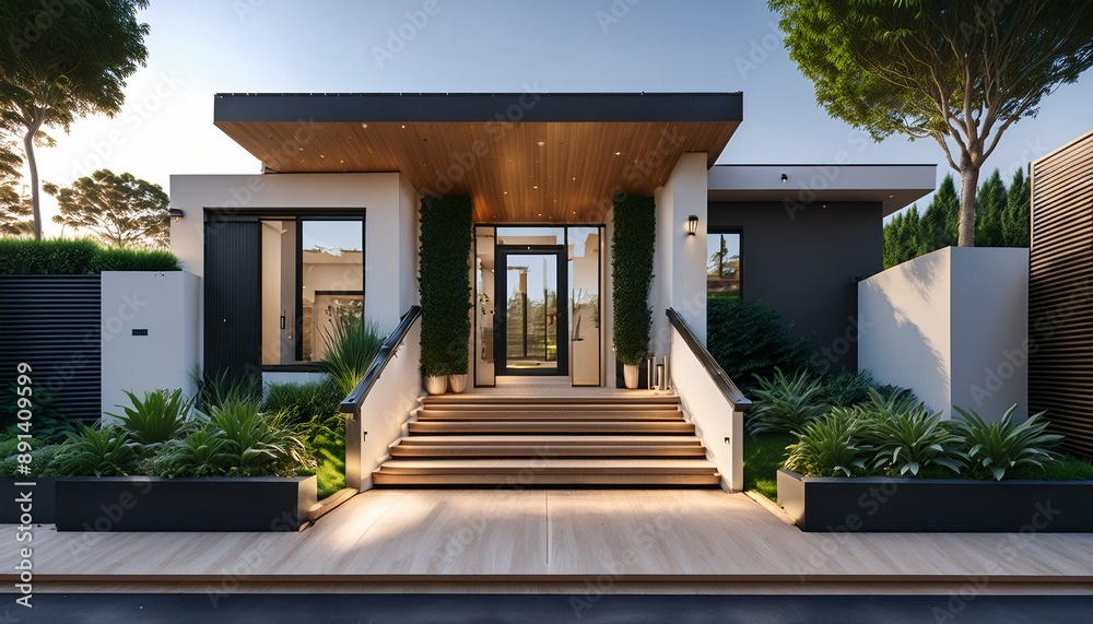 A modern, sleek wheelchair ramp leading to the front entrance of a ...