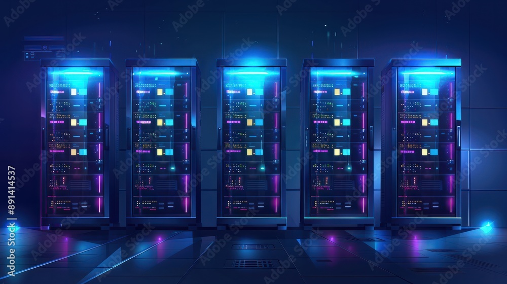 Data center server racks and big data storage concepts with blue light ...
