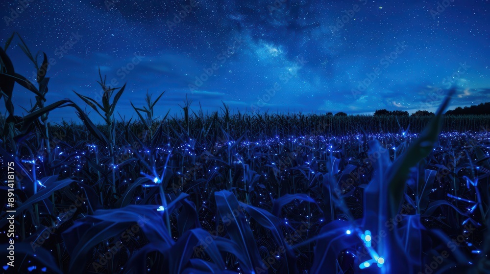 bioluminescent corn field at night with glowing ears of corn emitting a ...