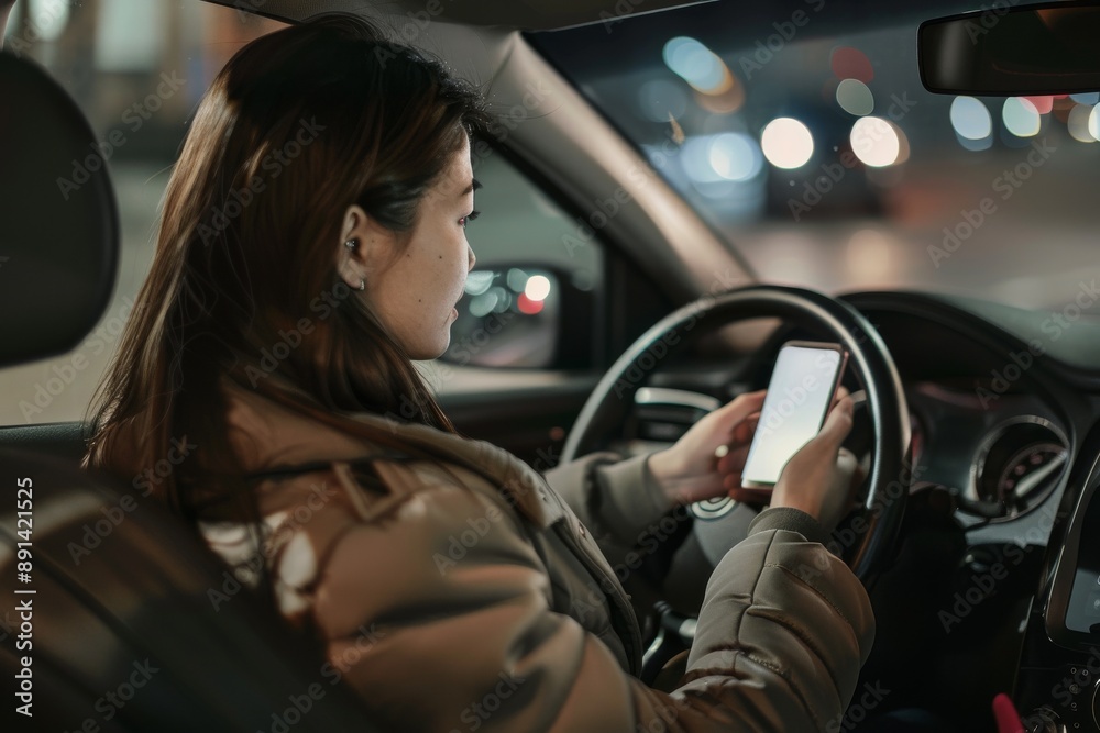 Profile of a middle-aged woman in work clothes driving a truck Image of ...