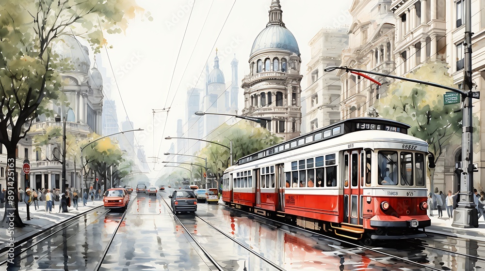 **Illustrate a detailed line drawing of a bustling city street during ...