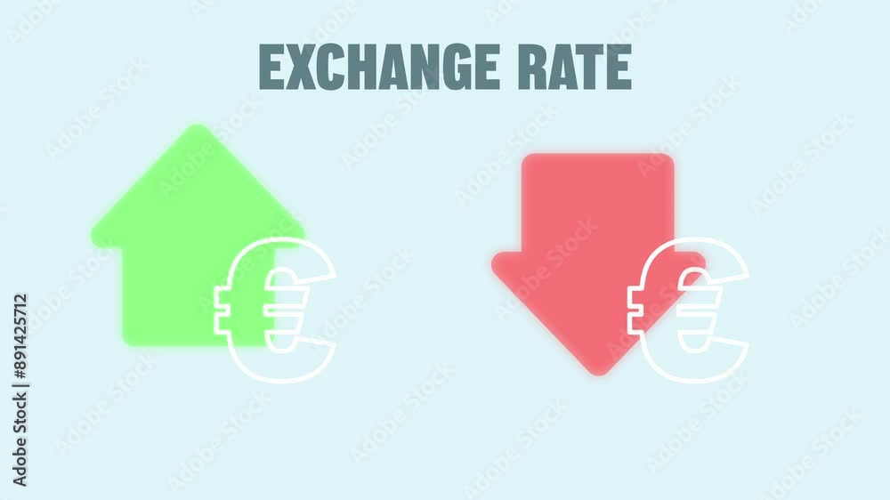 Euro exchange rate animation. Green arrow pointing upwards and red ...
