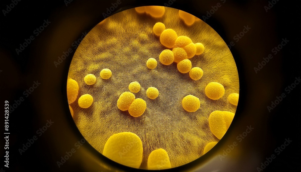 Yellow human adipose tissue cells under microscope. Fat cells with ...