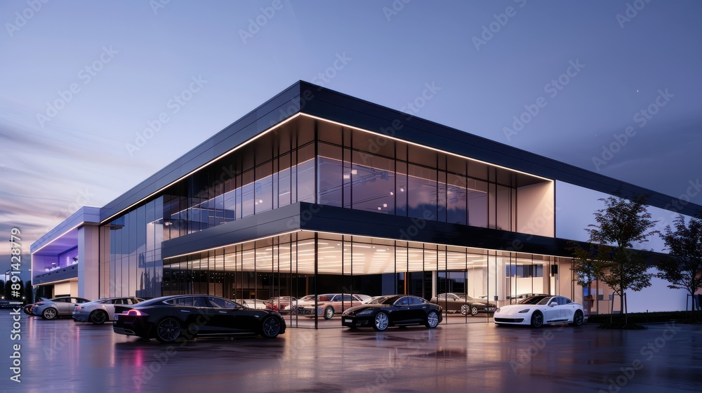 A modern car showroom exterior with cars parked in front. The building ...