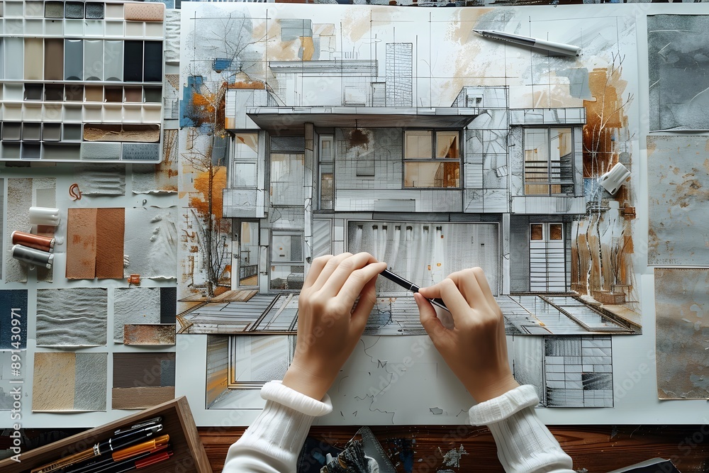 Artistic Architectural Rendering in Progress with Color Swatches and ...