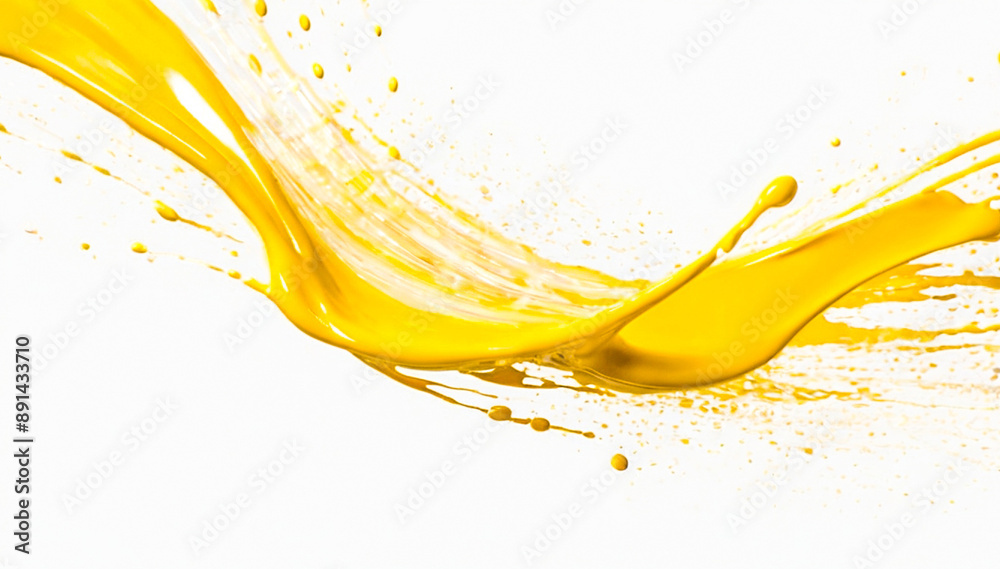 Vivid yellow paint splatter spreading dynamically on a white background ...