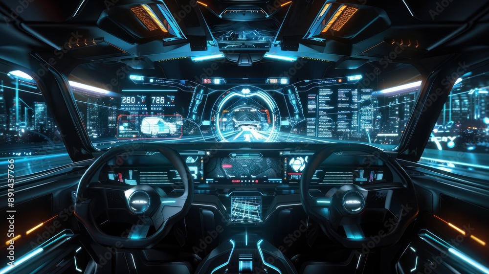 autonomous futuristic car dashboard concept with HUD and hologram ...