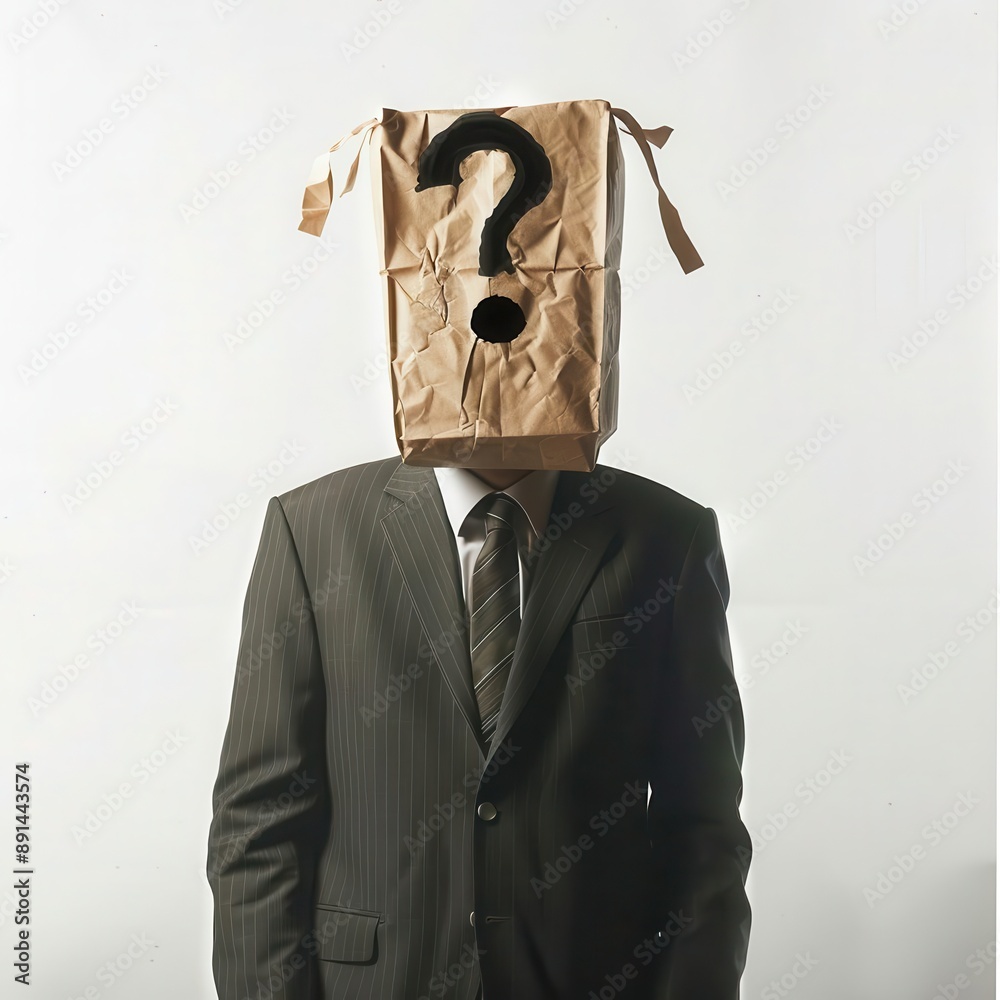 surreal office scene with faceless businessman paper bag head question ...