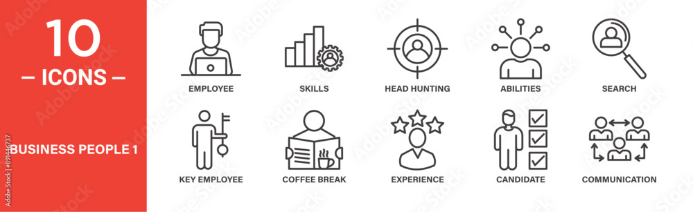 Business people icon set. Employee, skills, head hunting, abilities ...