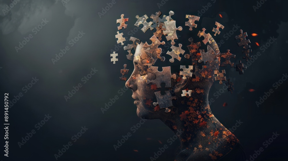 Head profile with jigsaw puzzle pieces falling apart. Alzheimer's and ...