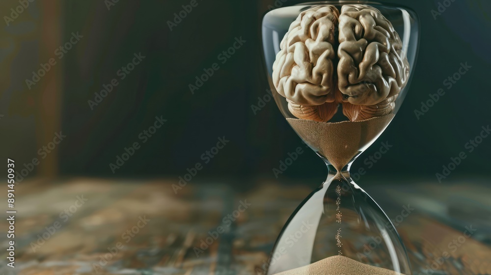 Human brain in hourglass, medical and psychology concept, brain aging ...
