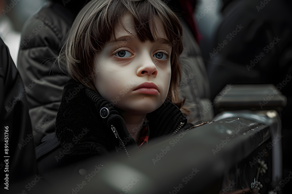 Sad child at funeral in graveyard. Coffin at cemetery for death ...