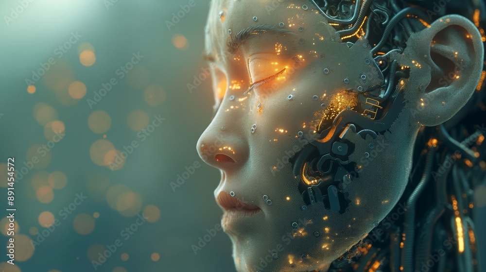 Artificial Intelligence Large Language Model (LLM). Female head with human face matrix digital ...