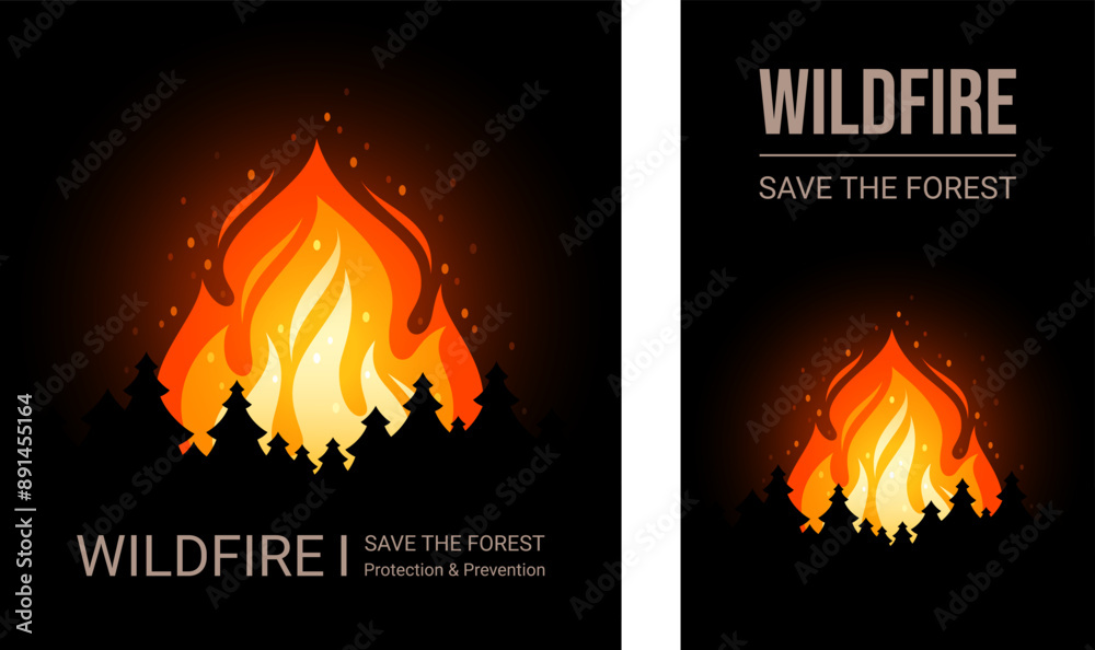Save the forest posters with fire and silhouettes of firs. Wildfire ...