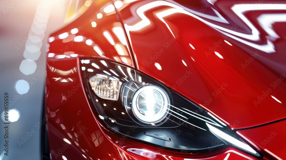 Headlights and hood of sport red car with silver stars. headlight of a ...