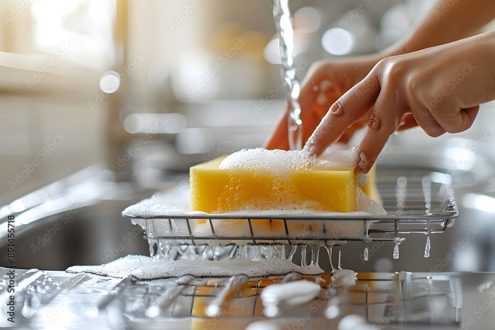 Cleaning a Sponge Under Running Water in a Kitchen Sink Stock ...