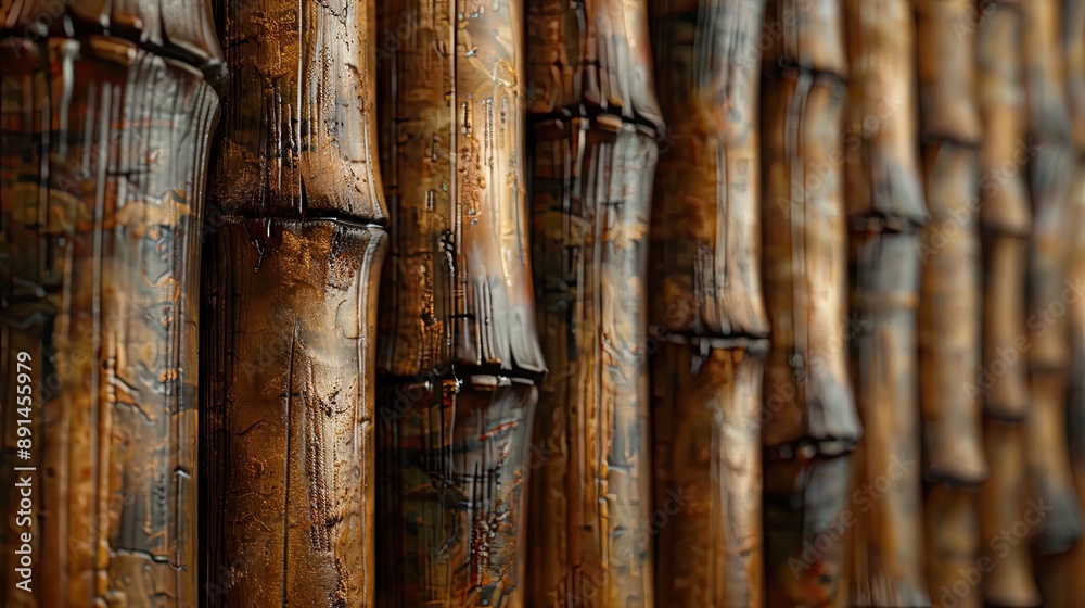 A row of bamboo poles, some of which are bent and twisted. Scene is ...