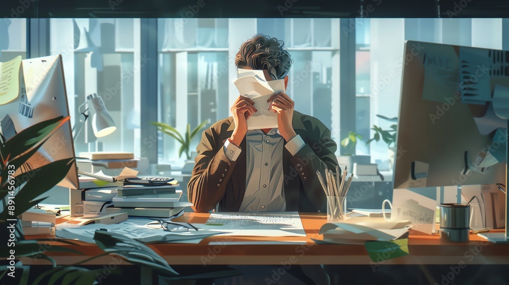 Tired employee at a cluttered desk, holding a resignation letter ...