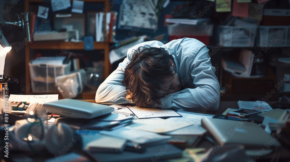 Fatigued employee slumped over desk, resignation letter visible ...