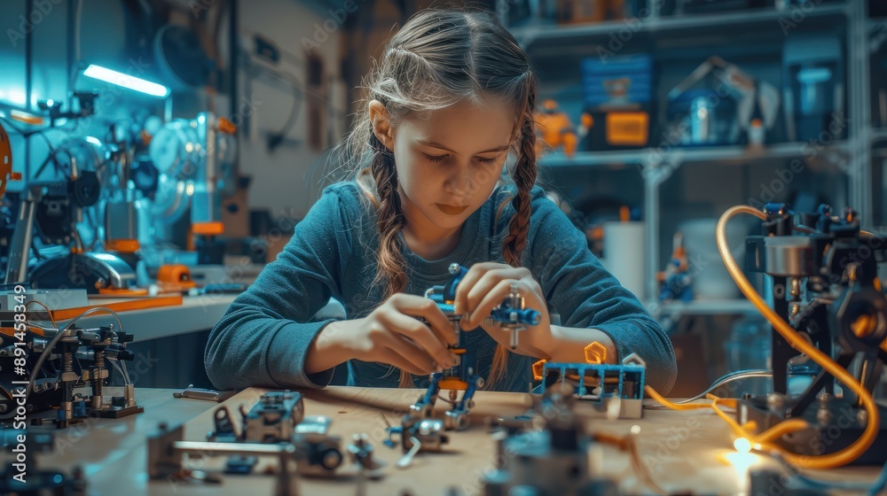 Ten years old girl constructing robotic device in robotics class. Teen ...