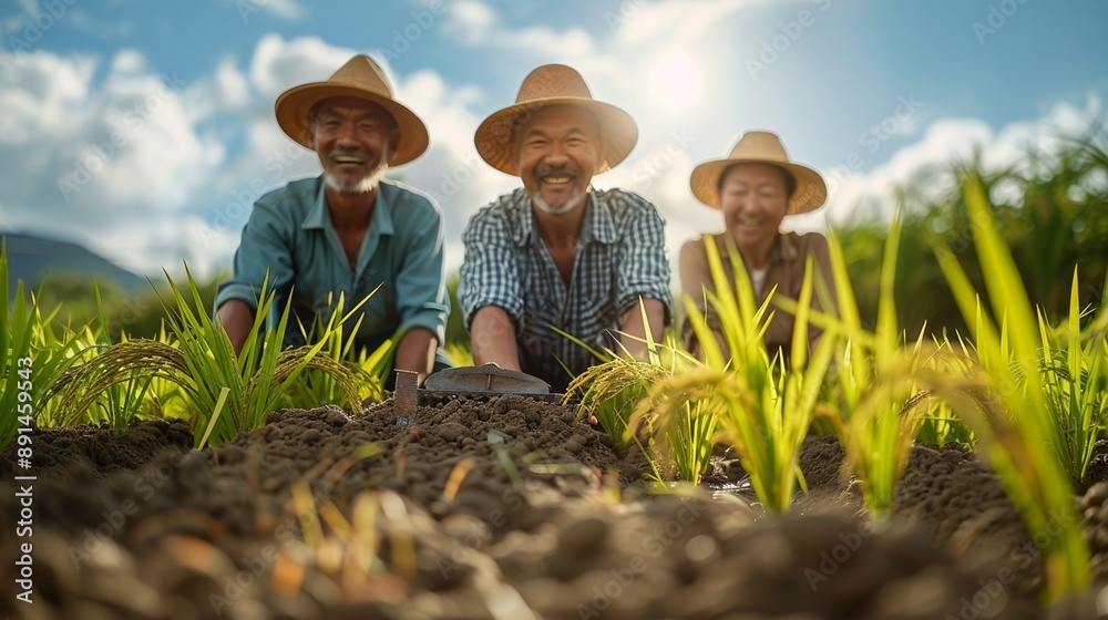 Picture of cheerful farmers in Asia working together to plow a rice ...