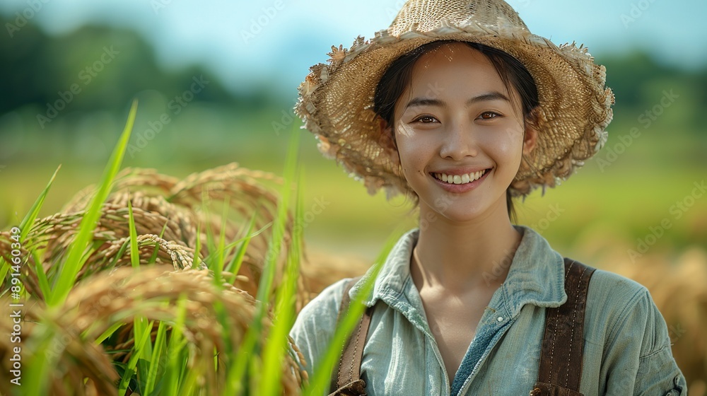 Picture of cheerful farmers in Asia working together to plow a rice field under the bright sun ...