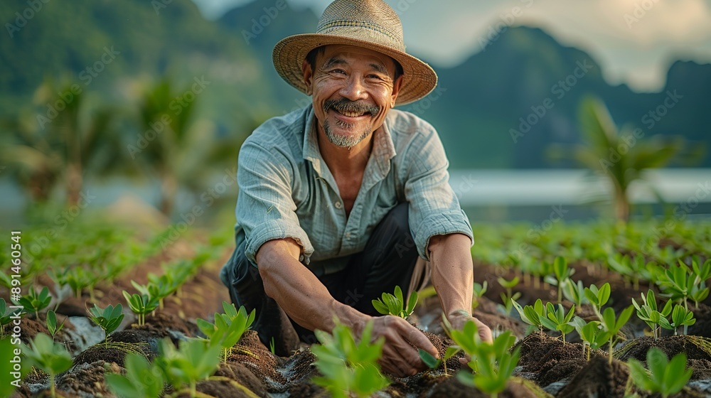 Happy rice farmer in Southeast Asia transplanting rice seedlings in a ...