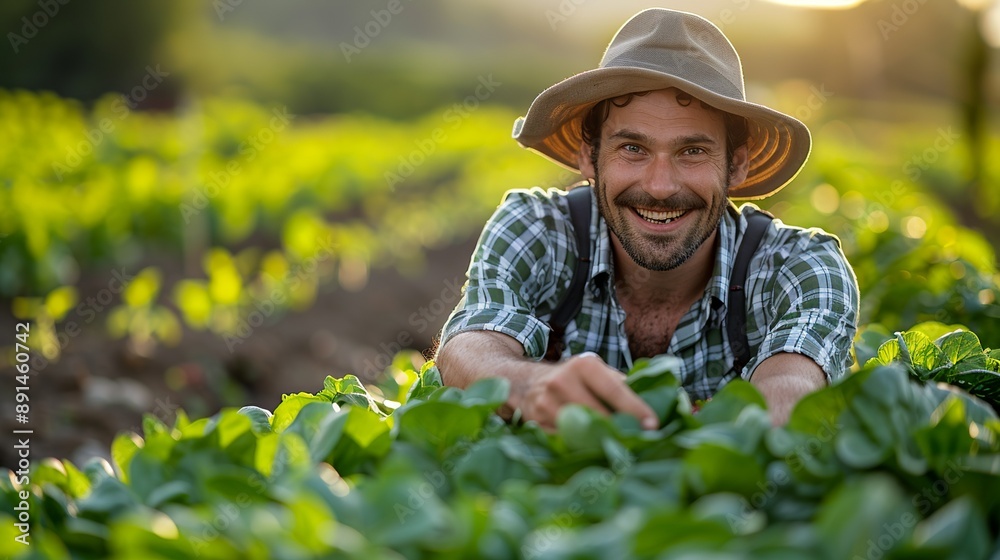 Picture of an enthusiastic farmer in Asia tending to a vegetable garden ...
