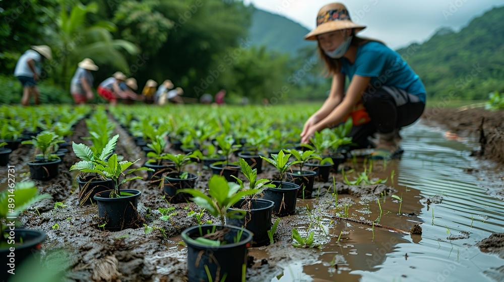 Picture of cheerful farmers in Southeast Asia planting rice seedlings in a flooded paddy field ...